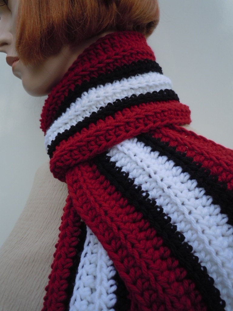 Sports Team Inspired Sports Scarf, Red Black White Crocheted Scarf ...