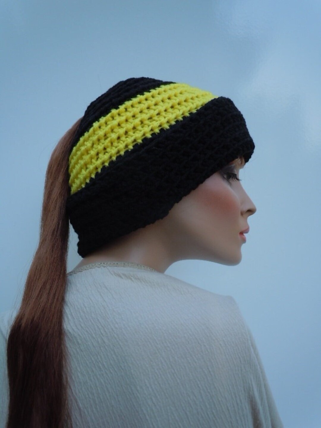 Ponytail Hat, Messy Bun Hat, Bumble Bee Hat, Hat for Long Hair, Winter Beanie, Yellow and Black ...