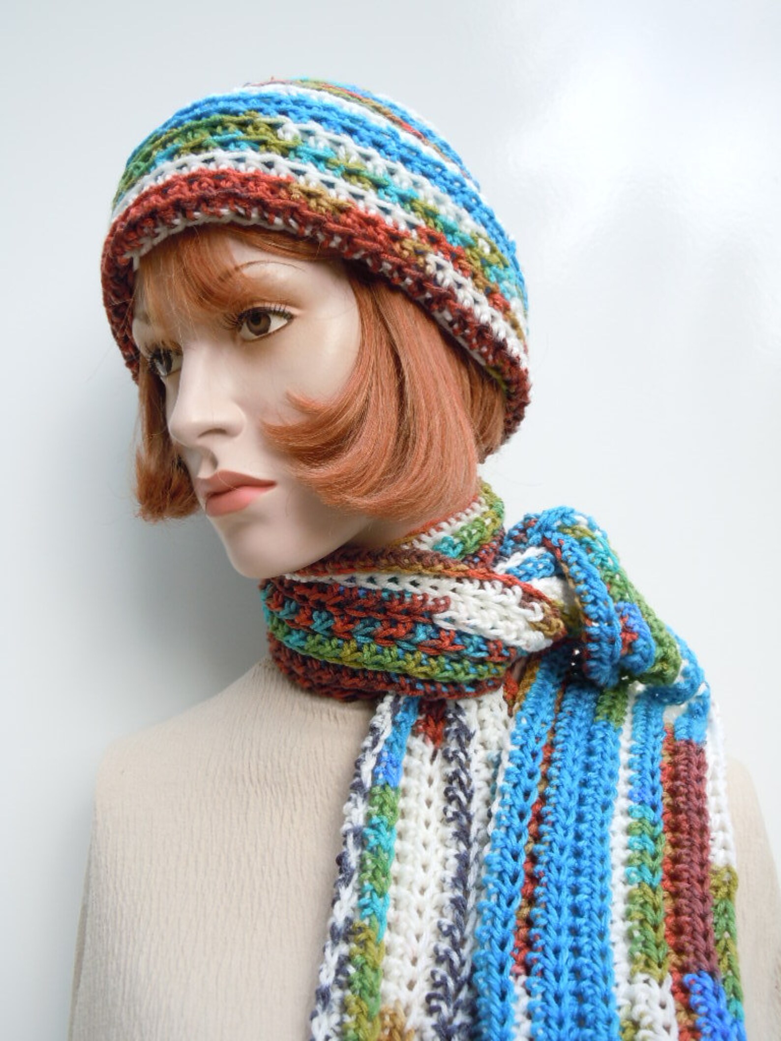 Hat and Scarf Set, Bright Mexican Peruvian Colors Slouch Hat and Scarf ...
