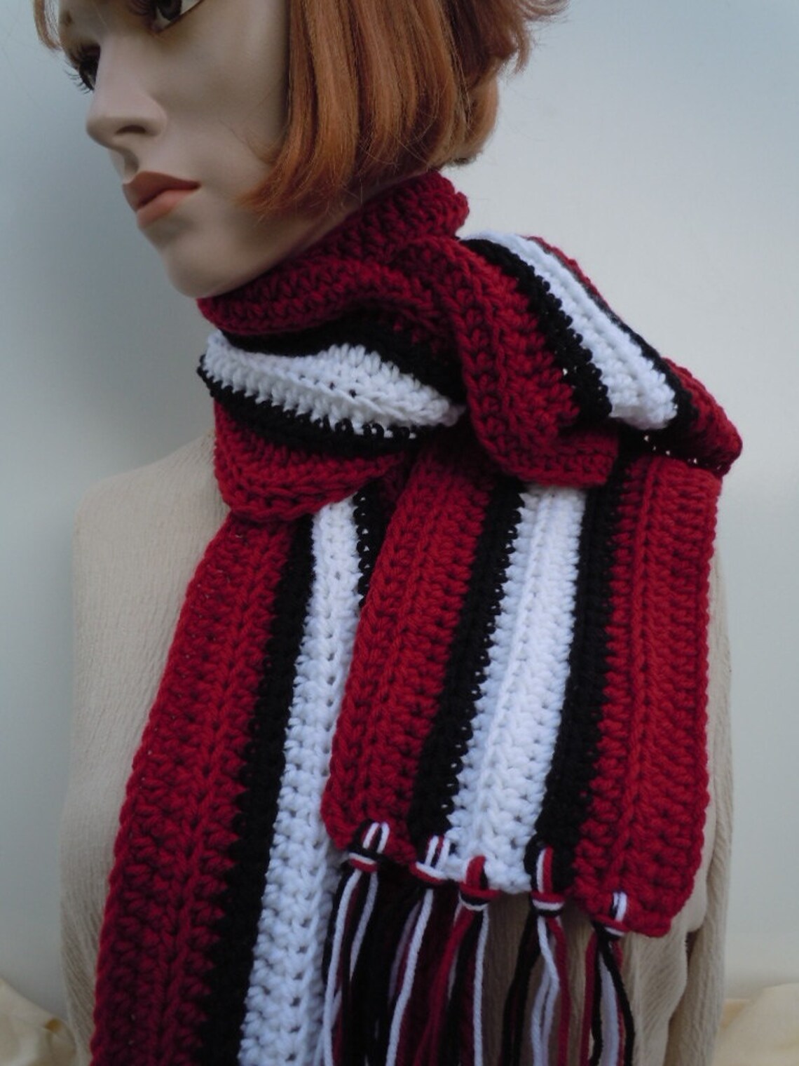 Sports Team Inspired Sports Scarf, Red Black White Crocheted Scarf ...