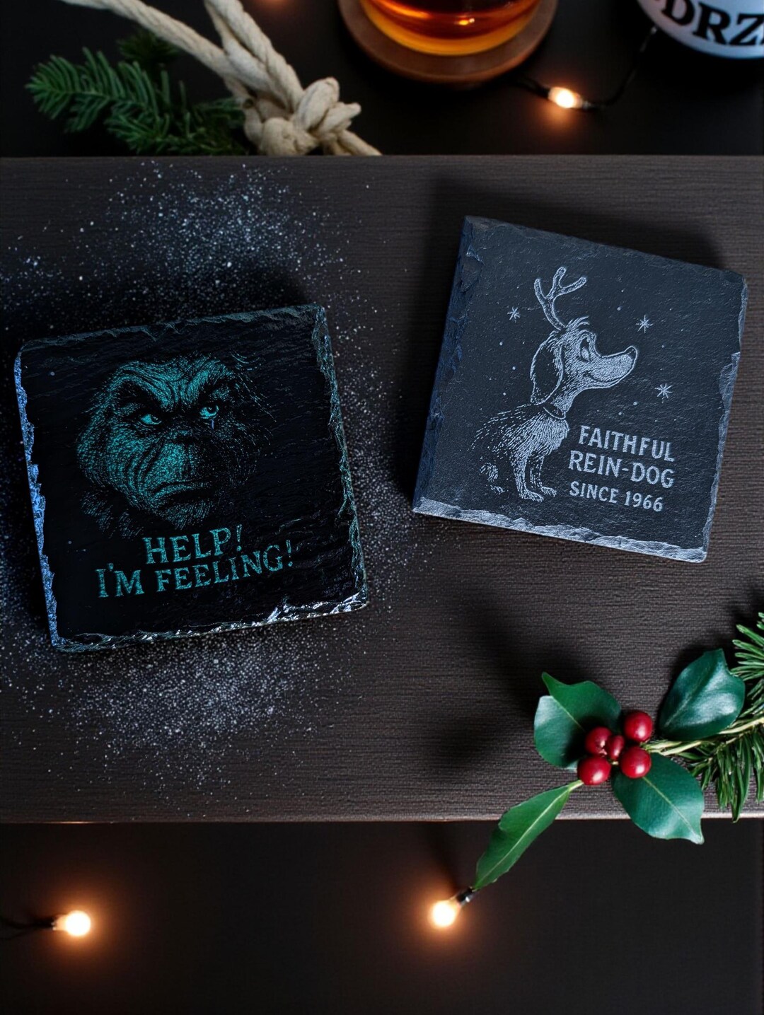 Grinch Slate Coasters: Laser Engraved Christmas Decor - Etsy
