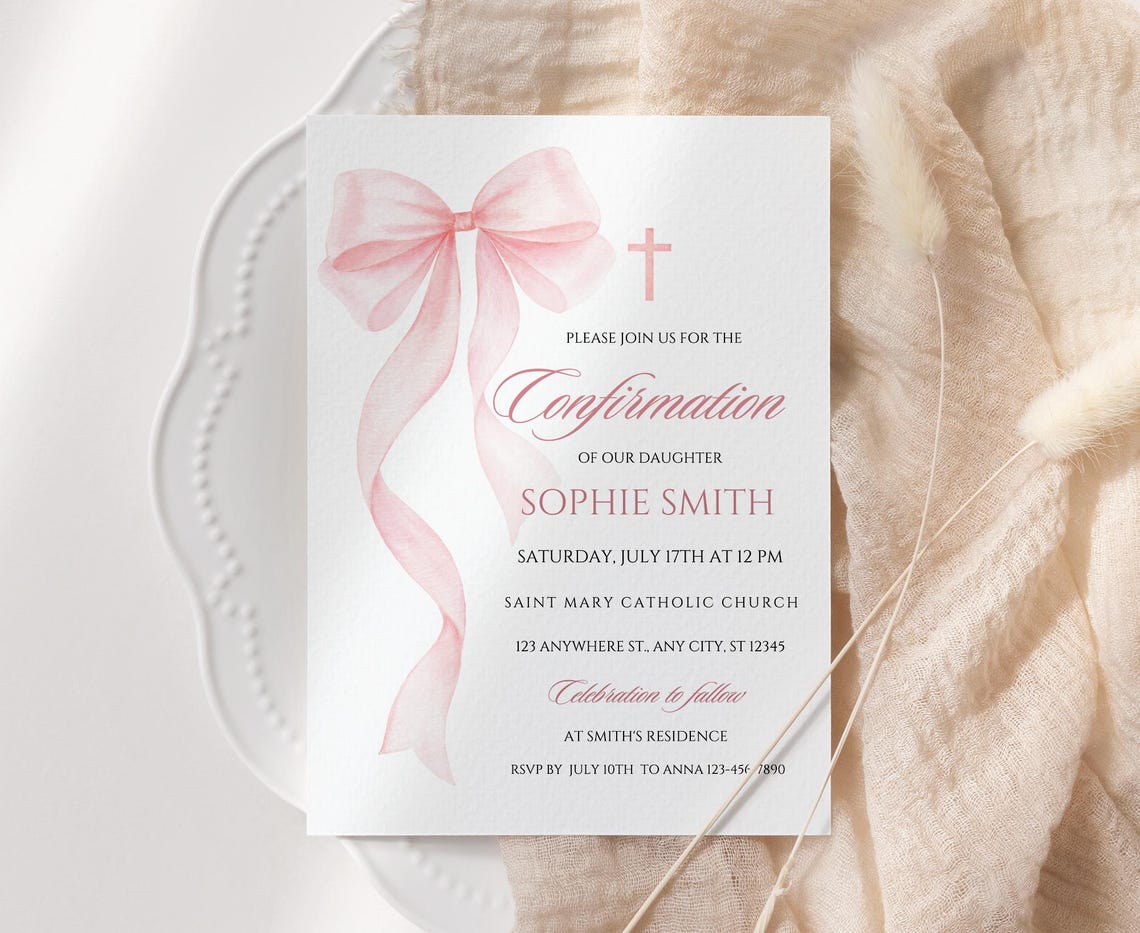 Blush Pink Bow Confirmation Invitation Watercolor Baptism Invite ...