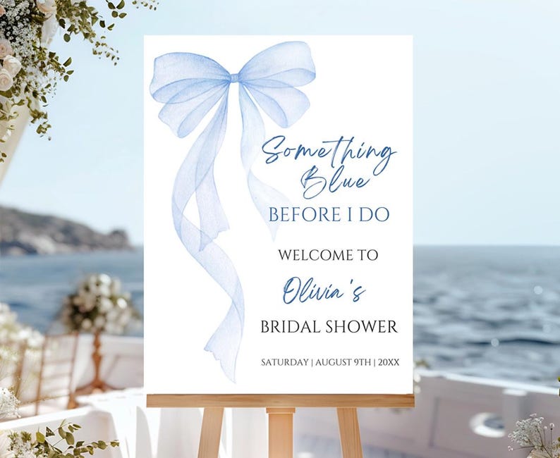 Something Blue Bridal Shower Welcome Sign Watercolor Bow Printable ...