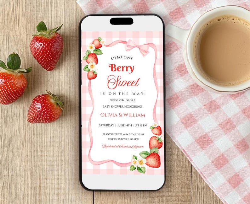 Animated Strawberry Baby Shower Invitation: Coquette Bow (canva ...