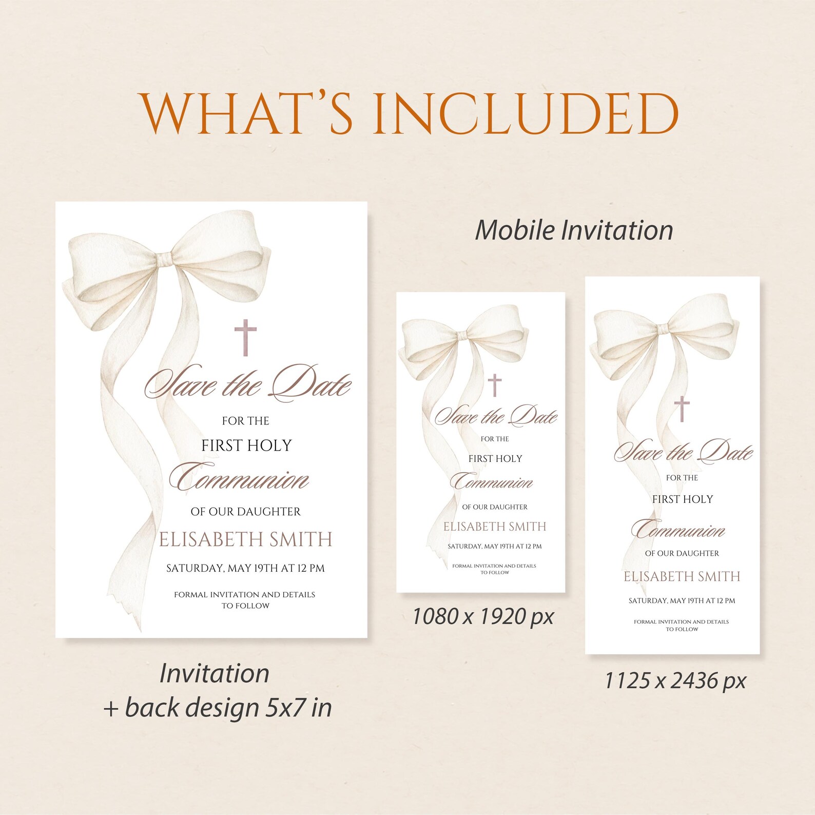 First Holy Communion Save the Date Invitation Elegant White Bow ...