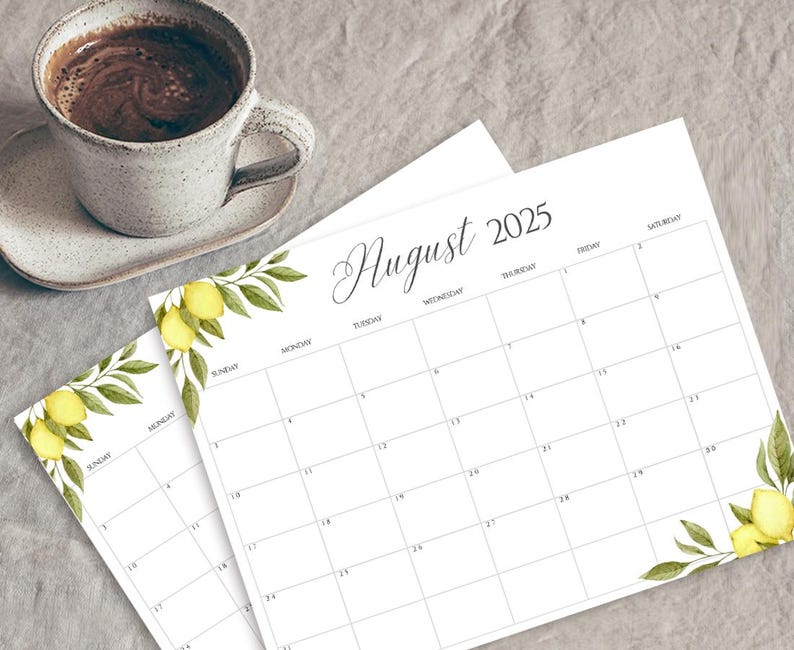August 2025 Calendar: Watercolor Lemon Printable Planner (canva ...
