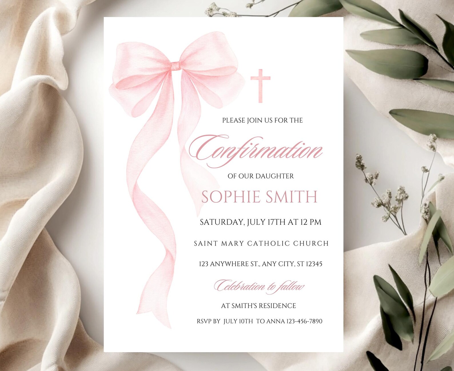 Blush Pink Bow Confirmation Invitation Watercolor Baptism Invite ...