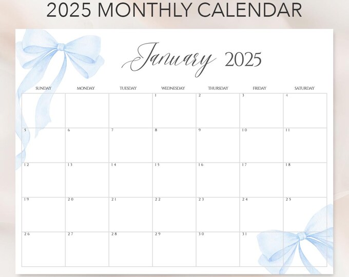 2025 Printable Calendar Template Blue Digital Download Bow Planner 2025 ...