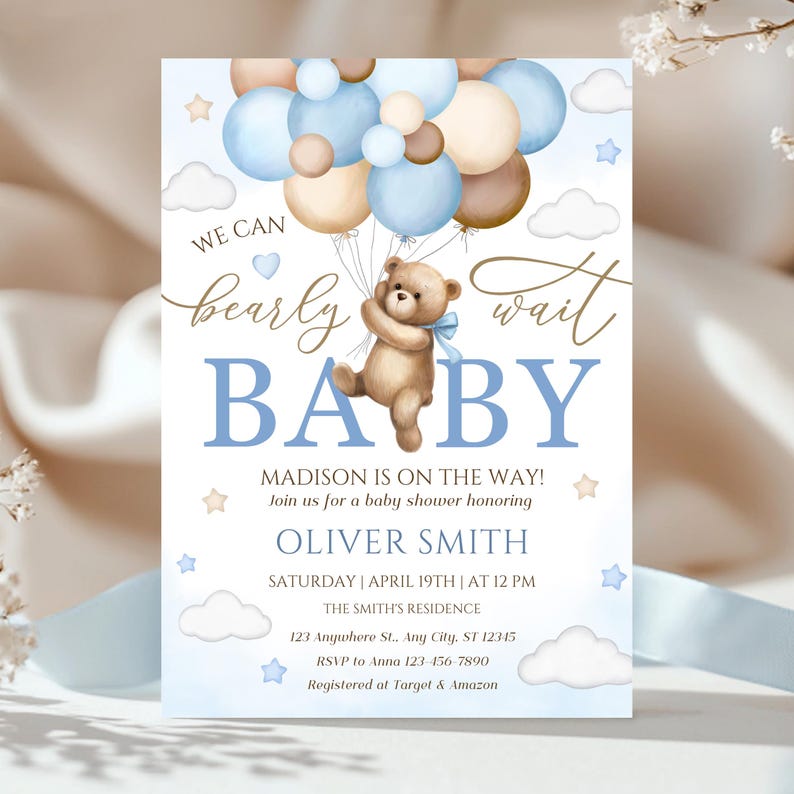 We Can Bearly Wait Baby Shower Welcome Sign Teddy Bear & Hot Air ...