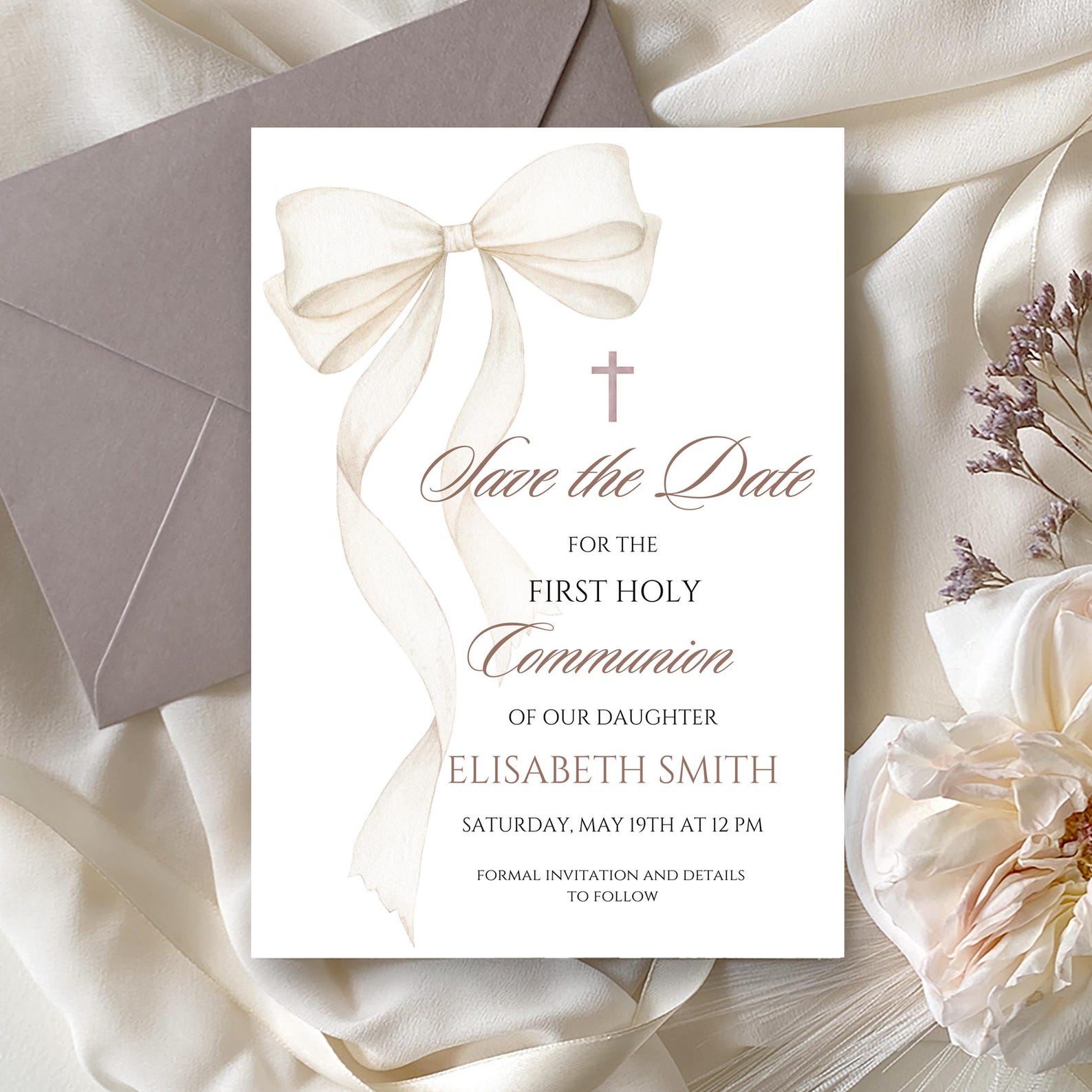 First Holy Communion Save the Date Invitation Elegant White Bow ...