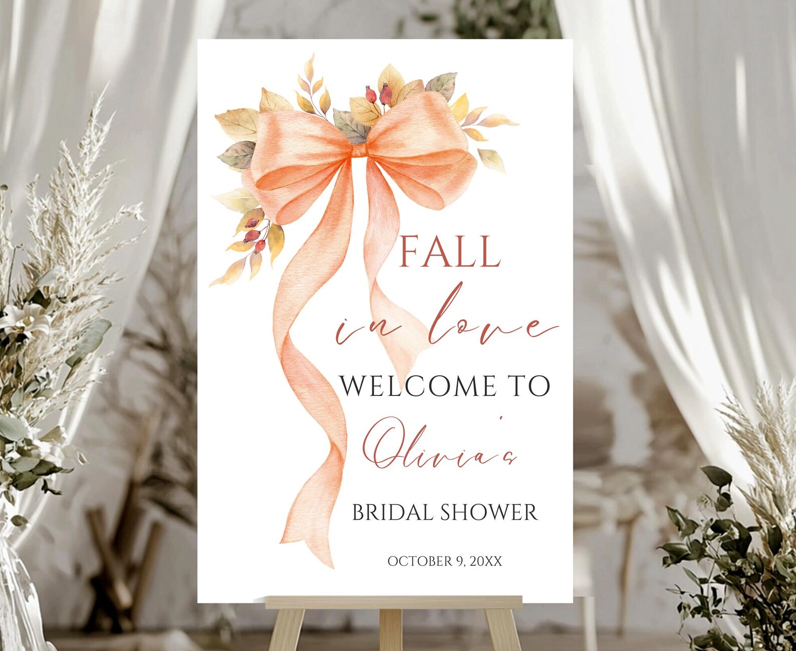 Fall in Love Bridal Shower Welcome Sign: Coquette Bow, Autumn Leaves ...