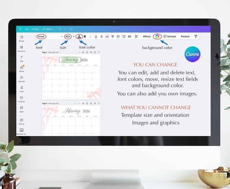 2025-2026 Coquette Calendar: Pink Bow Watercolor, Editable Canva ...