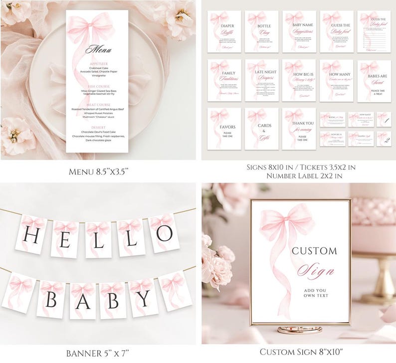 Pink Bow Baby Shower Invitation Bundle: Editable Template, Canva ...