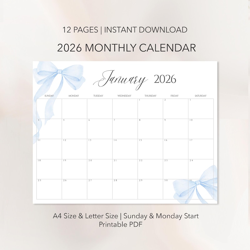 2026 Blue Bow Calendar - Etsy