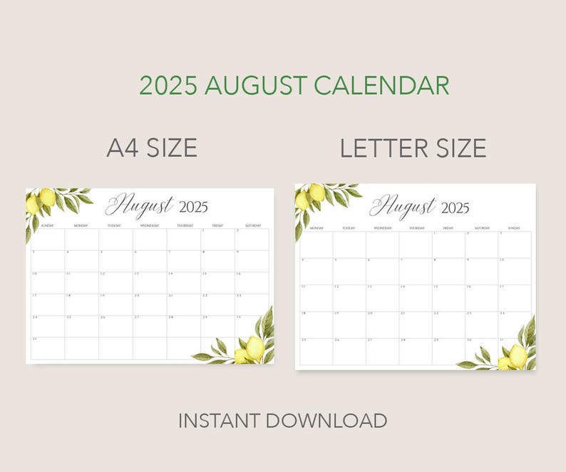 August 2025 Calendar: Watercolor Lemon Printable Planner (digital) - Etsy