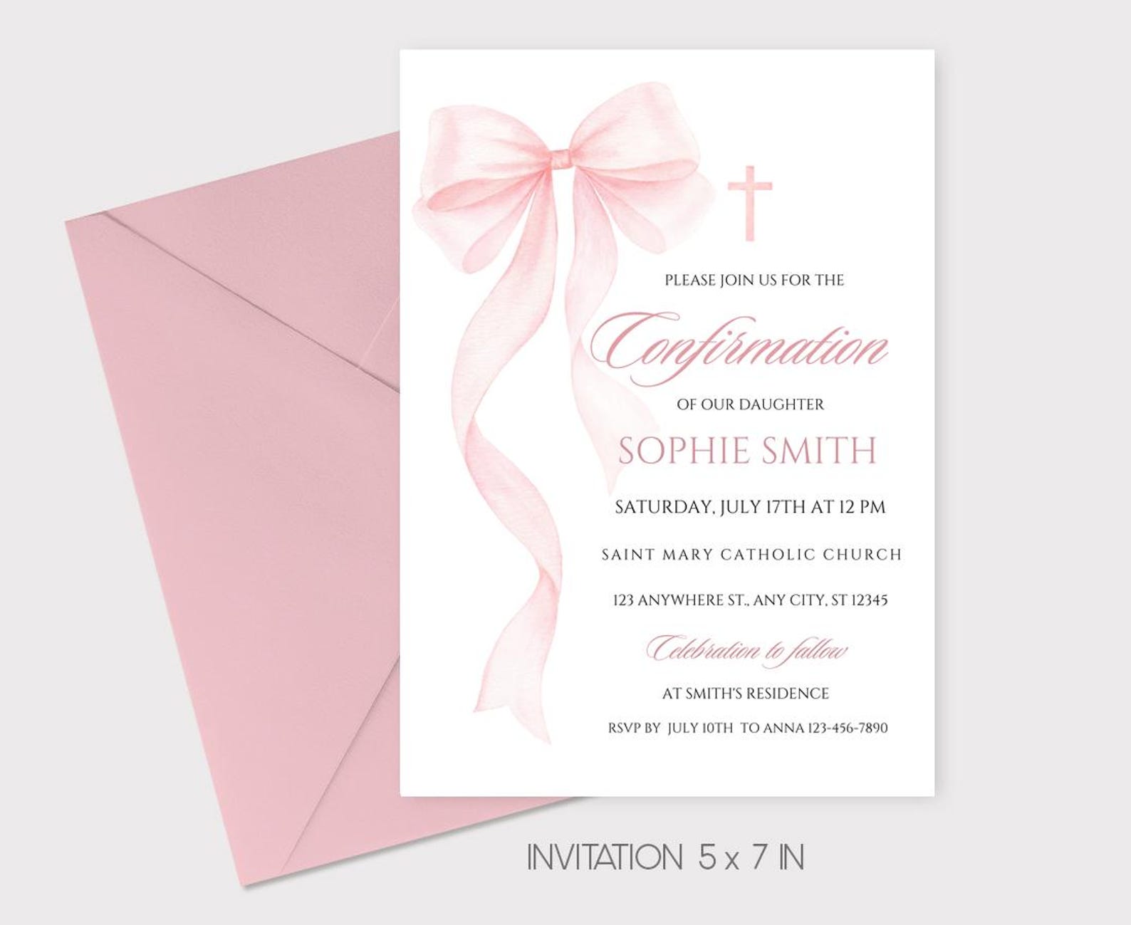 Blush Pink Bow Confirmation Invitation Watercolor Baptism Invite ...