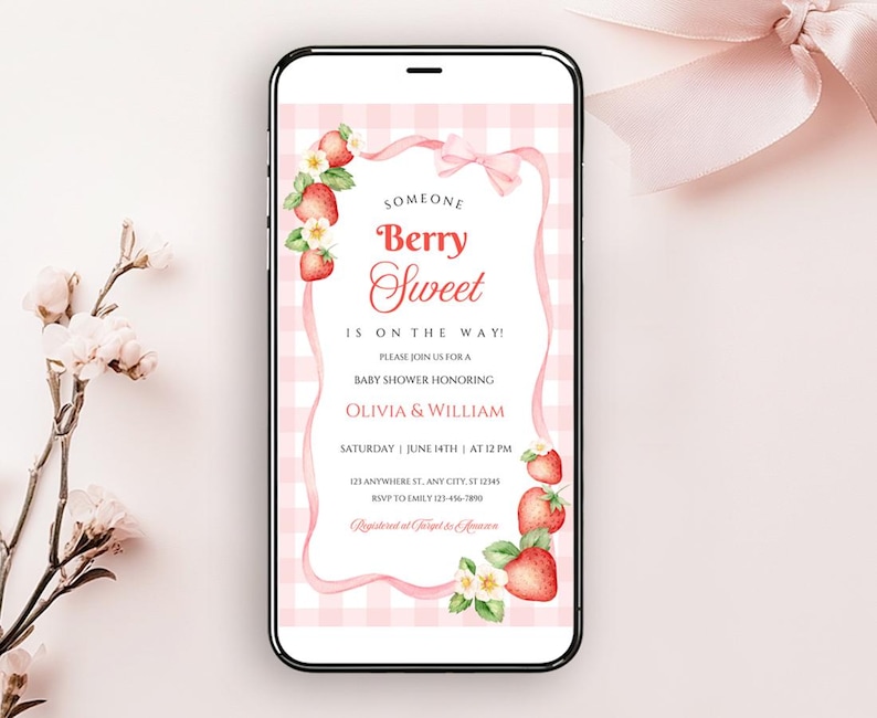 Animated Strawberry Baby Shower Invitation: Coquette Bow (canva ...