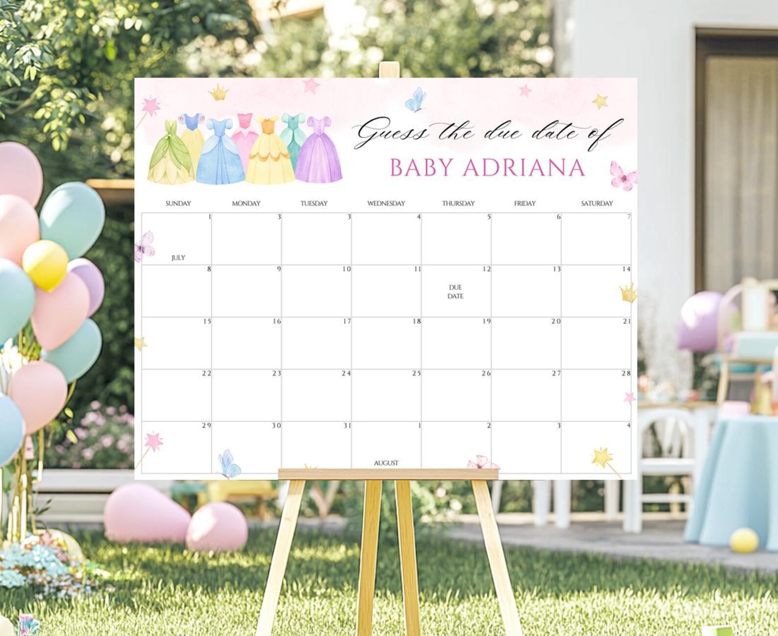 Princess Baby Shower Due Date Calendar: Watercolor Dress Design, Canva ...