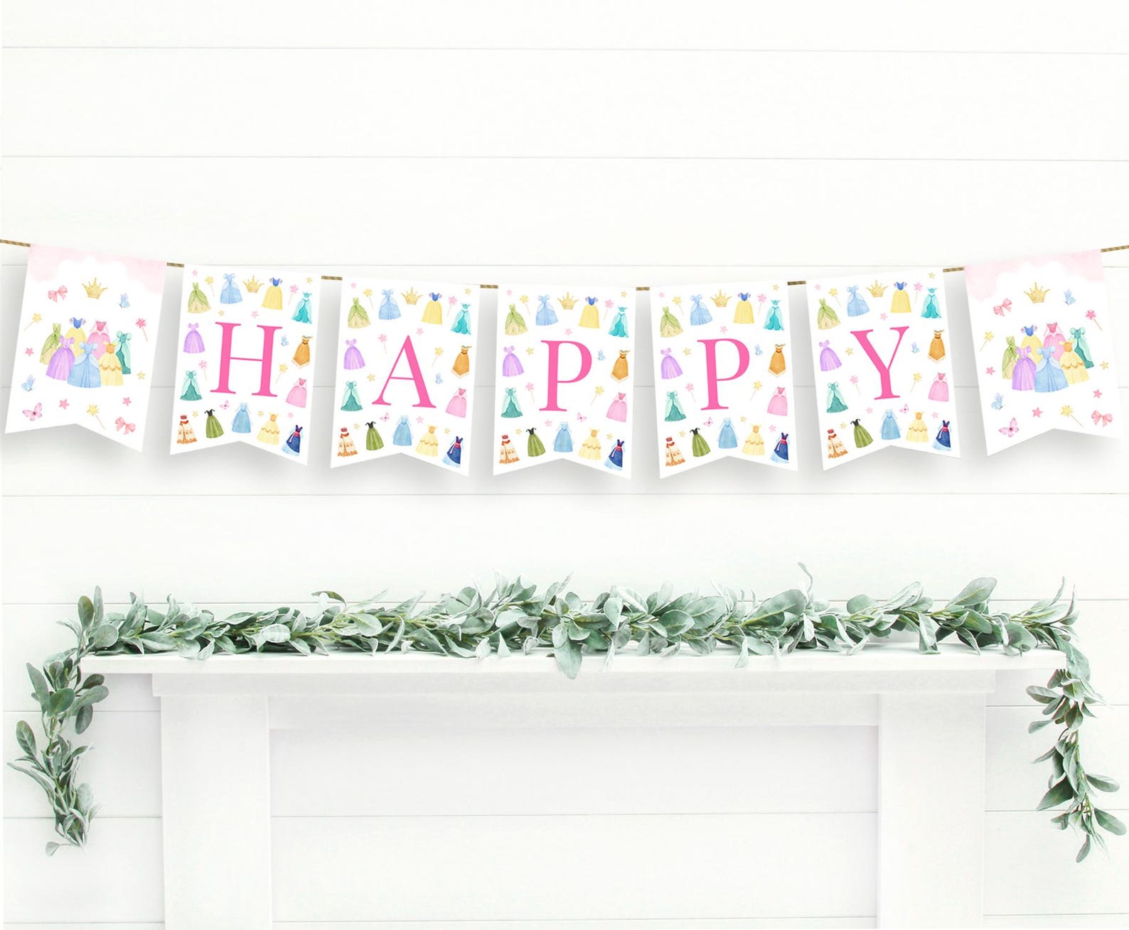 Princess Birthday Bunting Banner: Watercolor Dress Design (canva ...
