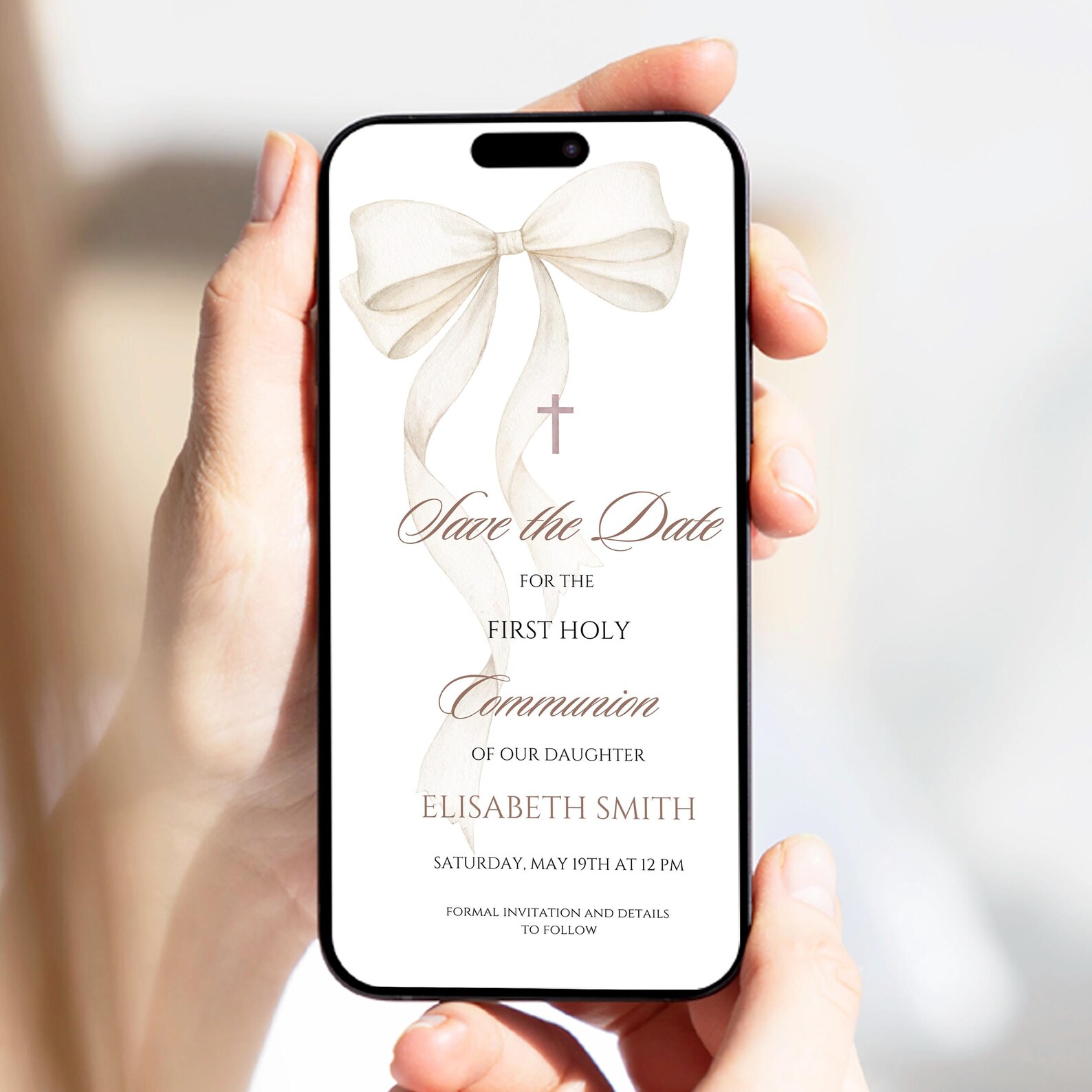 First Holy Communion Save the Date Invitation Elegant White Bow ...