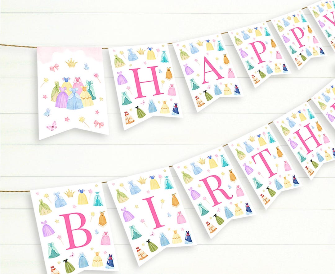 Princess Birthday Bunting Banner: Watercolor Dress Design (canva ...