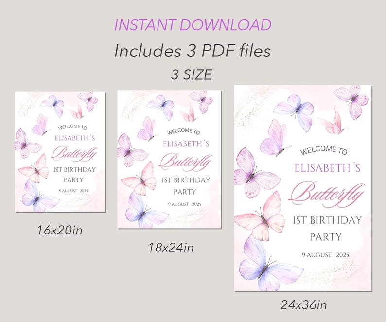 Butterfly 1st Birthday Welcome Sign: Pink & Purple (printable Editable ...