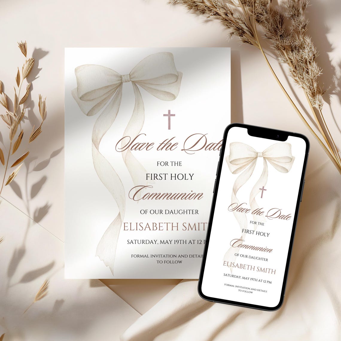 First Holy Communion Save the Date Invitation Elegant White Bow ...