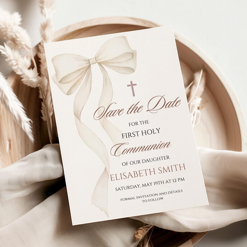 First Holy Communion Save the Date Invitation Elegant White Bow ...