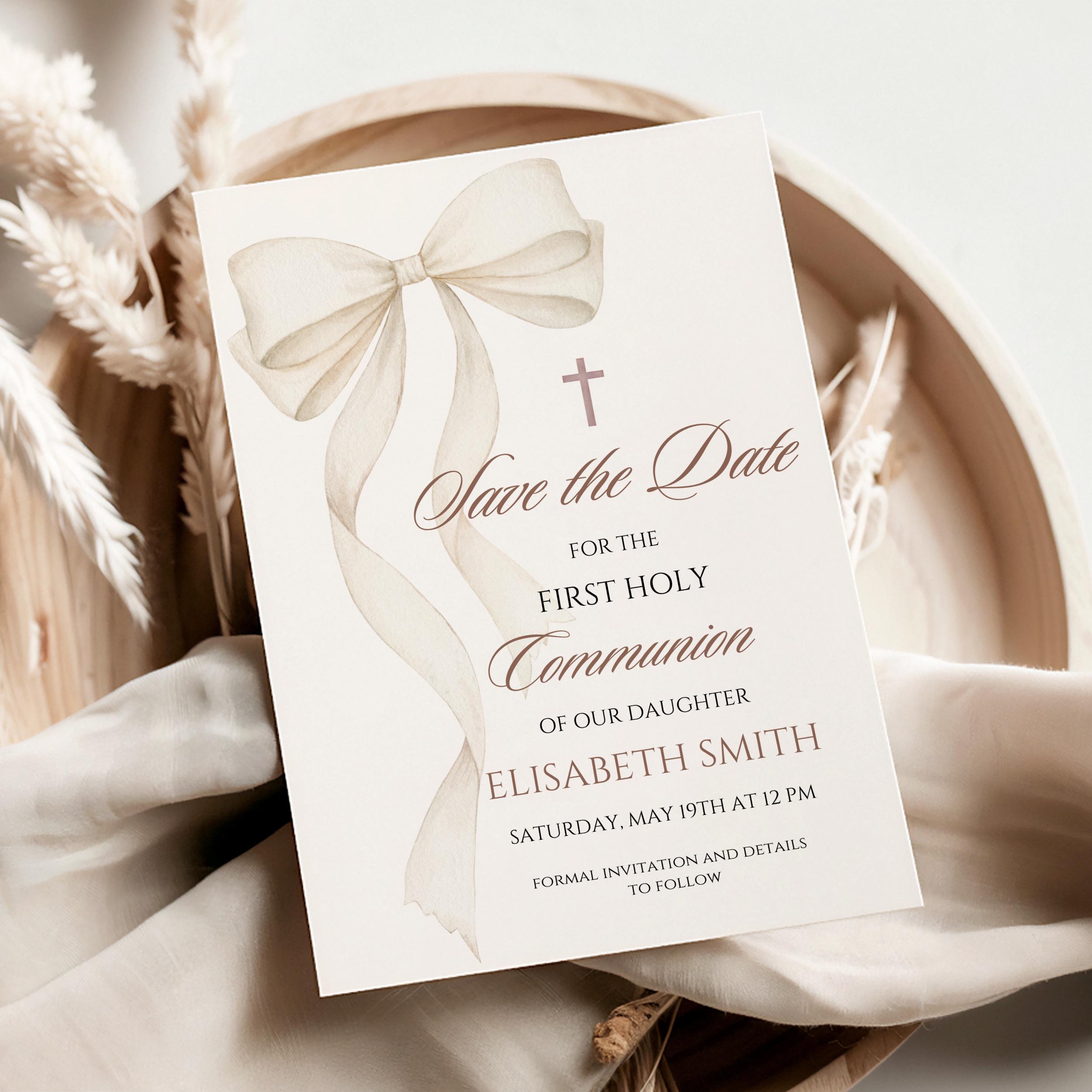 First Holy Communion Save the Date Invitation Elegant White Bow ...