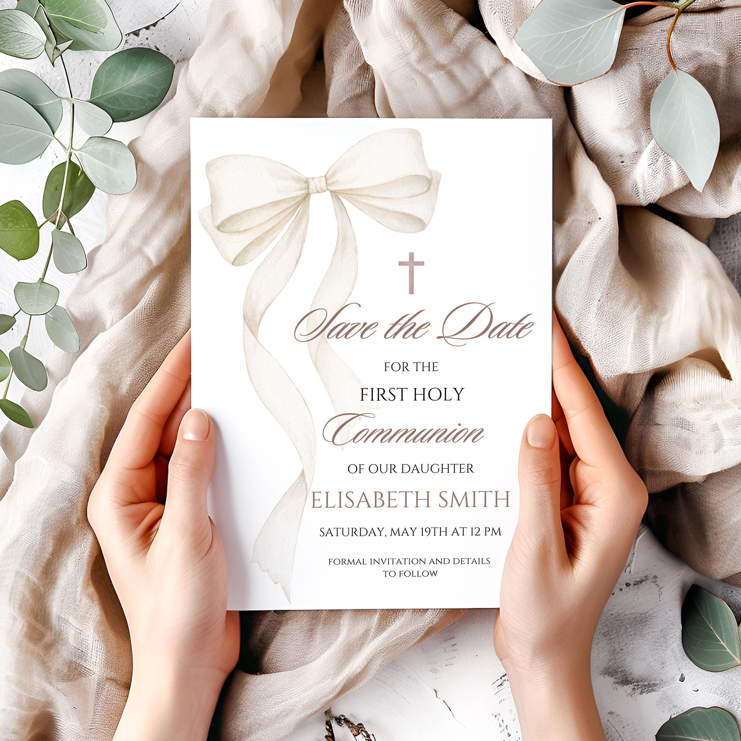First Holy Communion Save the Date Invitation Elegant White Bow ...
