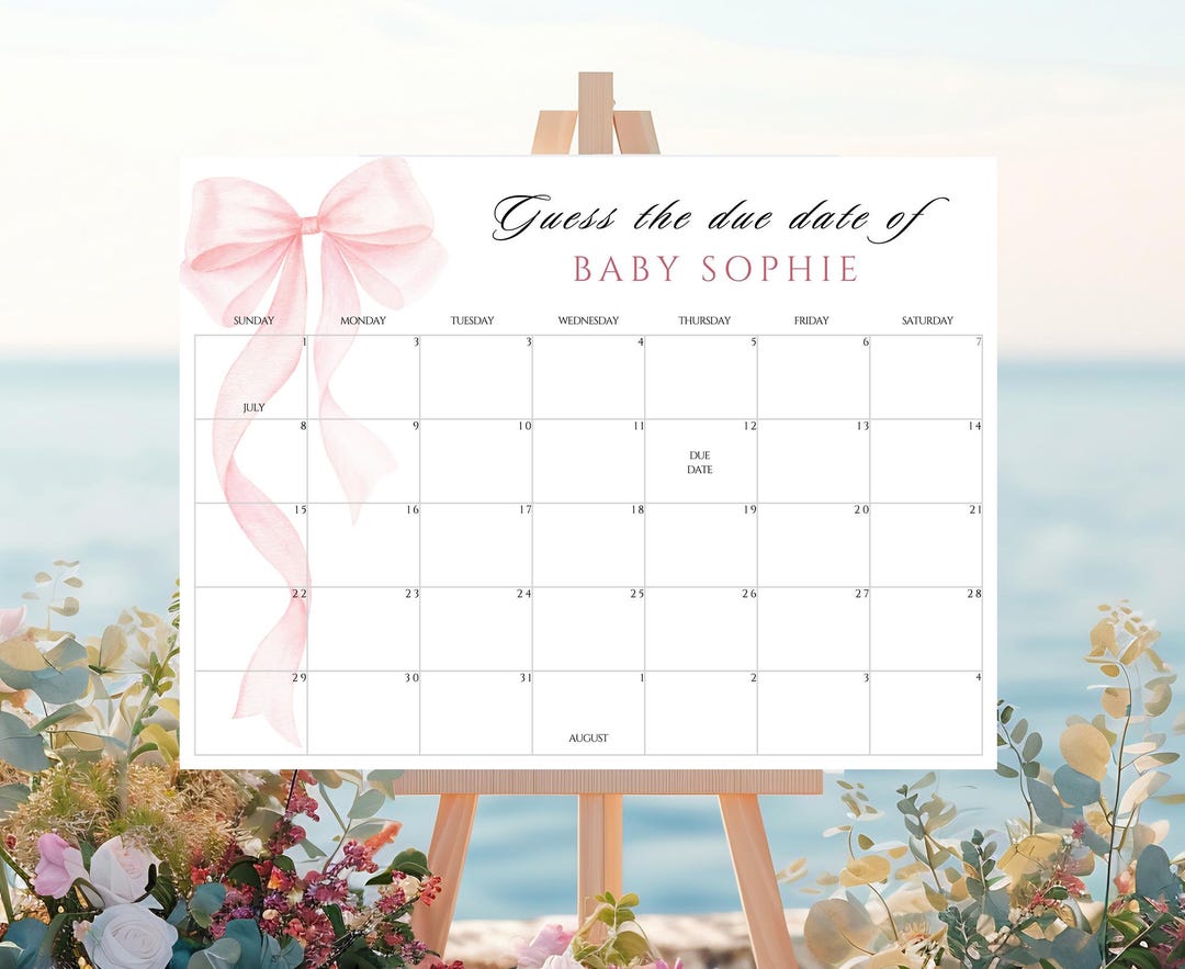 Pink Bow Baby Shower Due Date Calendar: Canva Template (digital ...