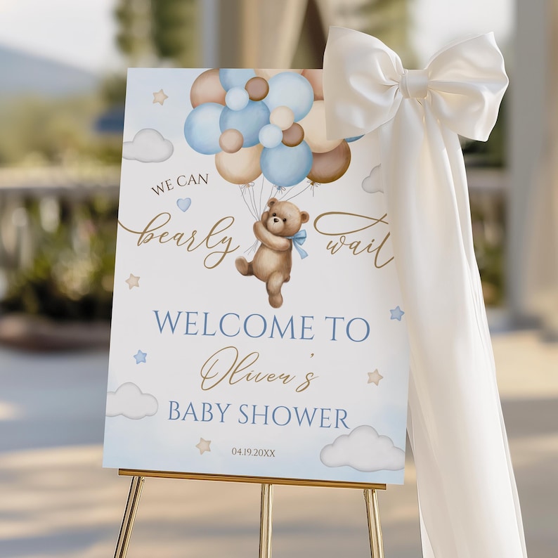 We Can Bearly Wait Baby Shower Welcome Sign Teddy Bear & Hot Air ...