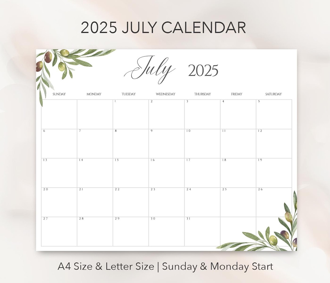 Editable July 2025 Calendar Monthly Planner Watercolor Flower ...