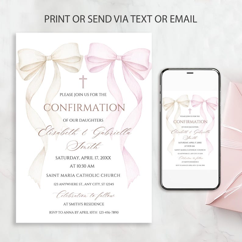 White & Pink Bows Confirmation Invitation for Two Girls Catholic ...