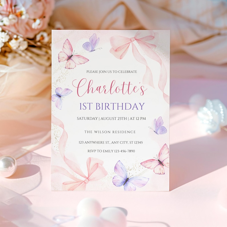 Pink Bow Butterfly 1st Birthday Invitation, Watercolor Coquette Bow ...