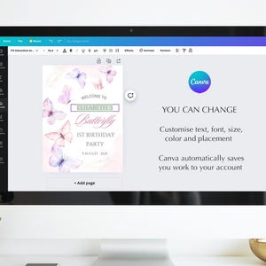 Butterfly 1st Birthday Welcome Sign: Pink & Purple (printable Editable ...