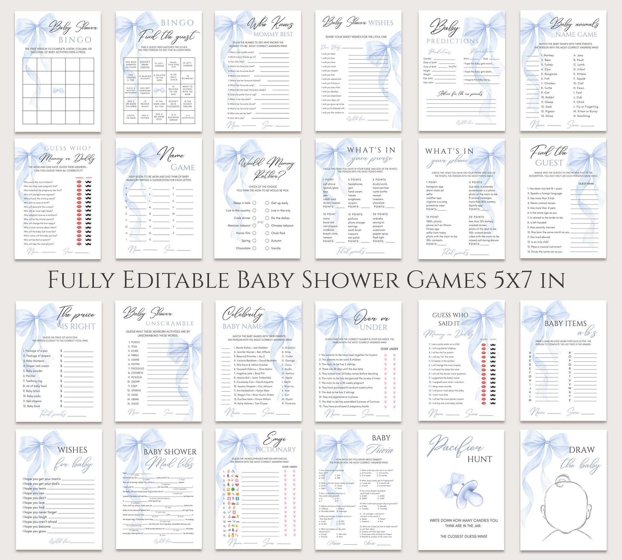 Dusty Blue Bow Baby Shower Invitation Bundle, Watercolor Coquette ...