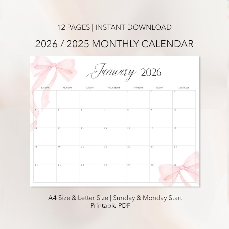 2025-2026 Coquette Calendar: Pink Bow Watercolor, Editable Canva ...
