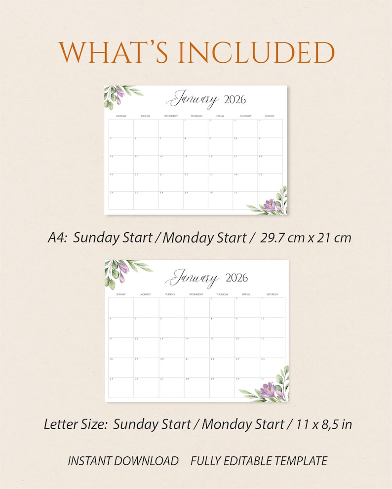 Editable 2026 Monthly Calendar Watercolor Floral Calendar Printable A4 ...