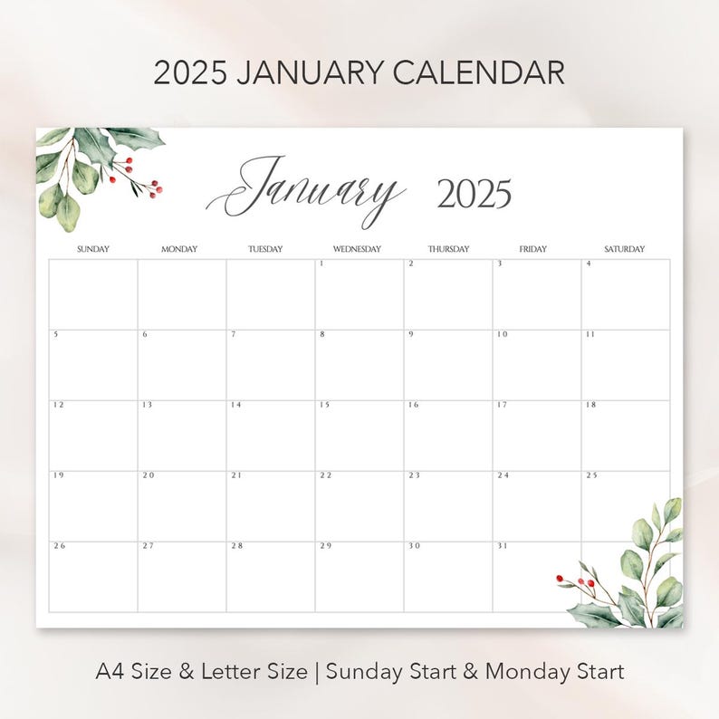 2025 Printable January Calendar A4 Letter Size Wall Calendar Watercolor ...
