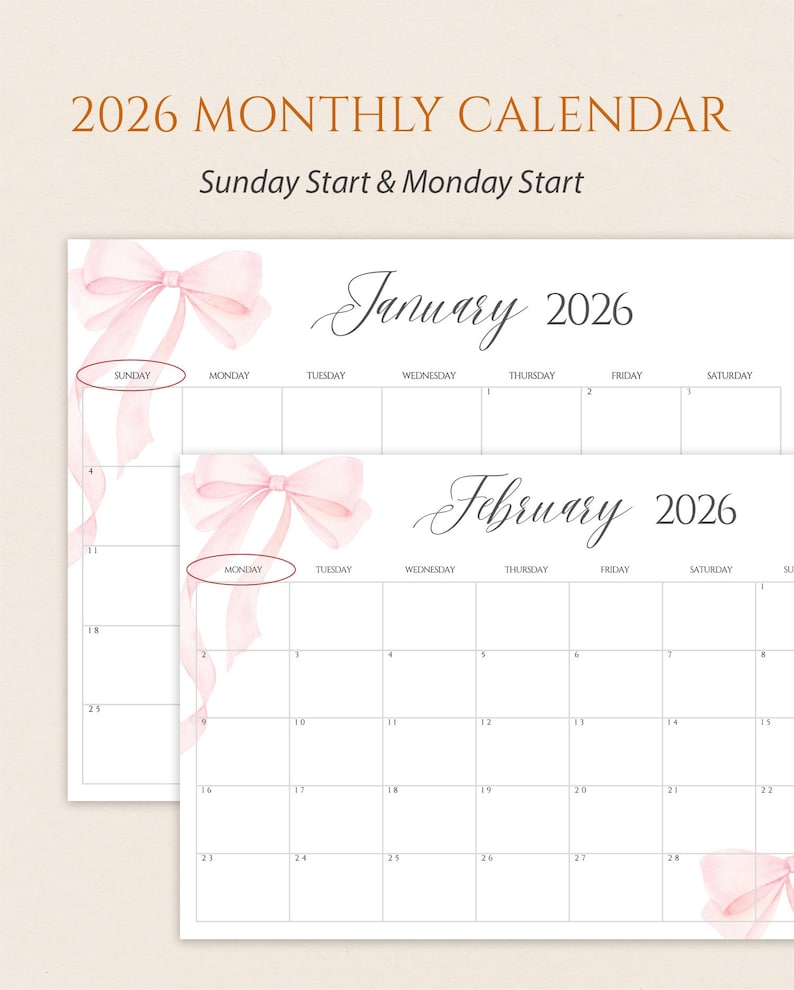 2025-2026 Coquette Calendar: Pink Bow Watercolor, Editable Canva ...