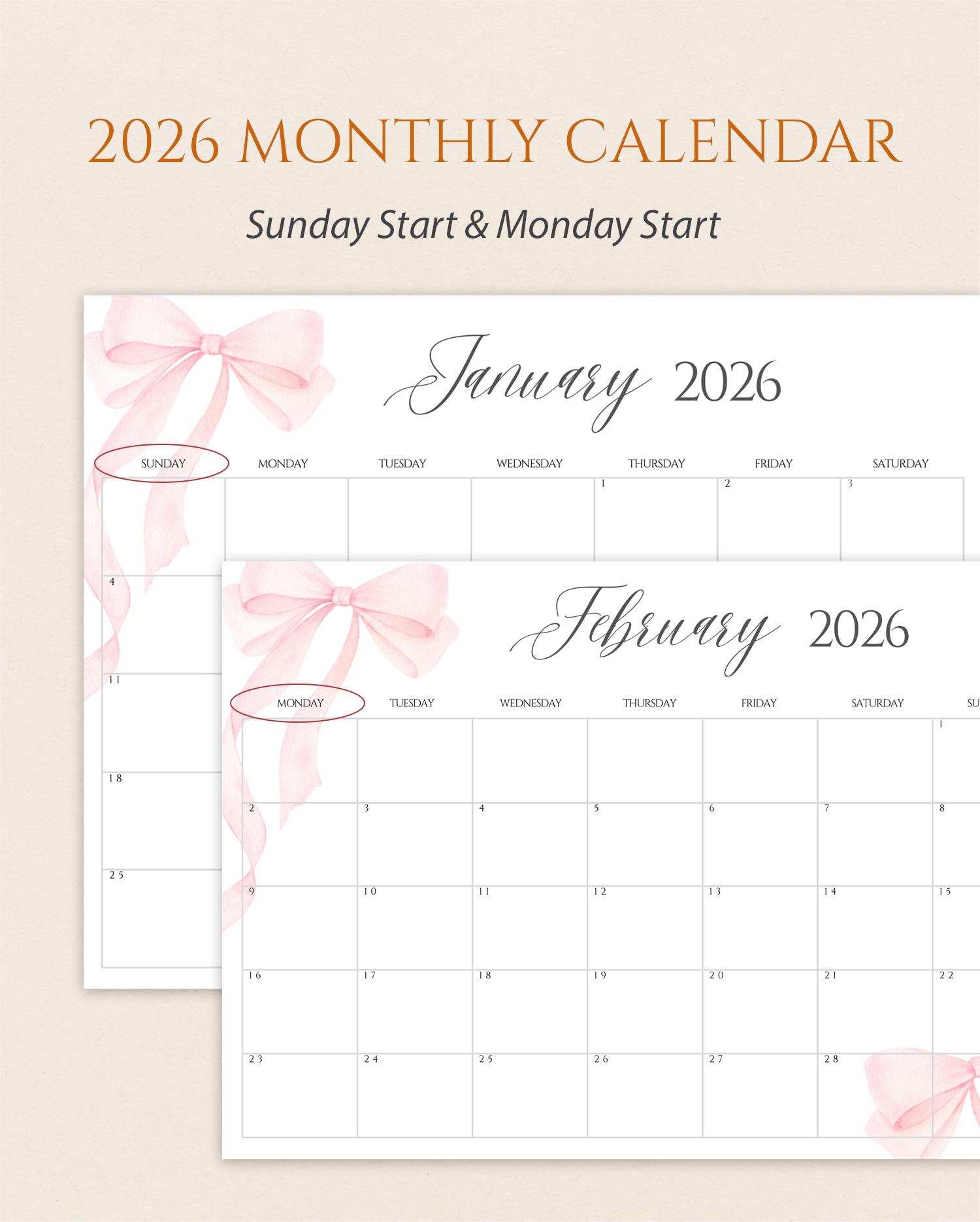 Editable 2026 Monthly Calendar Coquette Bow Watercolor Printable ...