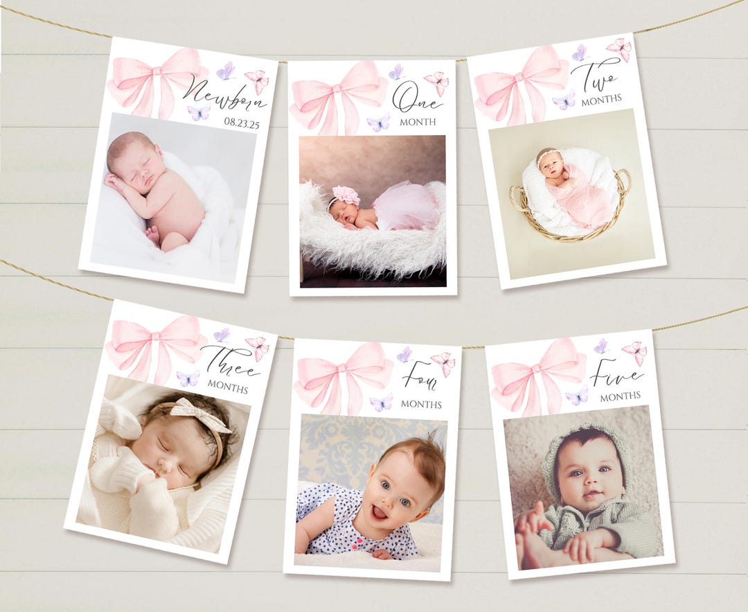 Pink Bow Butterfly Monthly Milestone Photo Cards 1st Birthday Girl ...