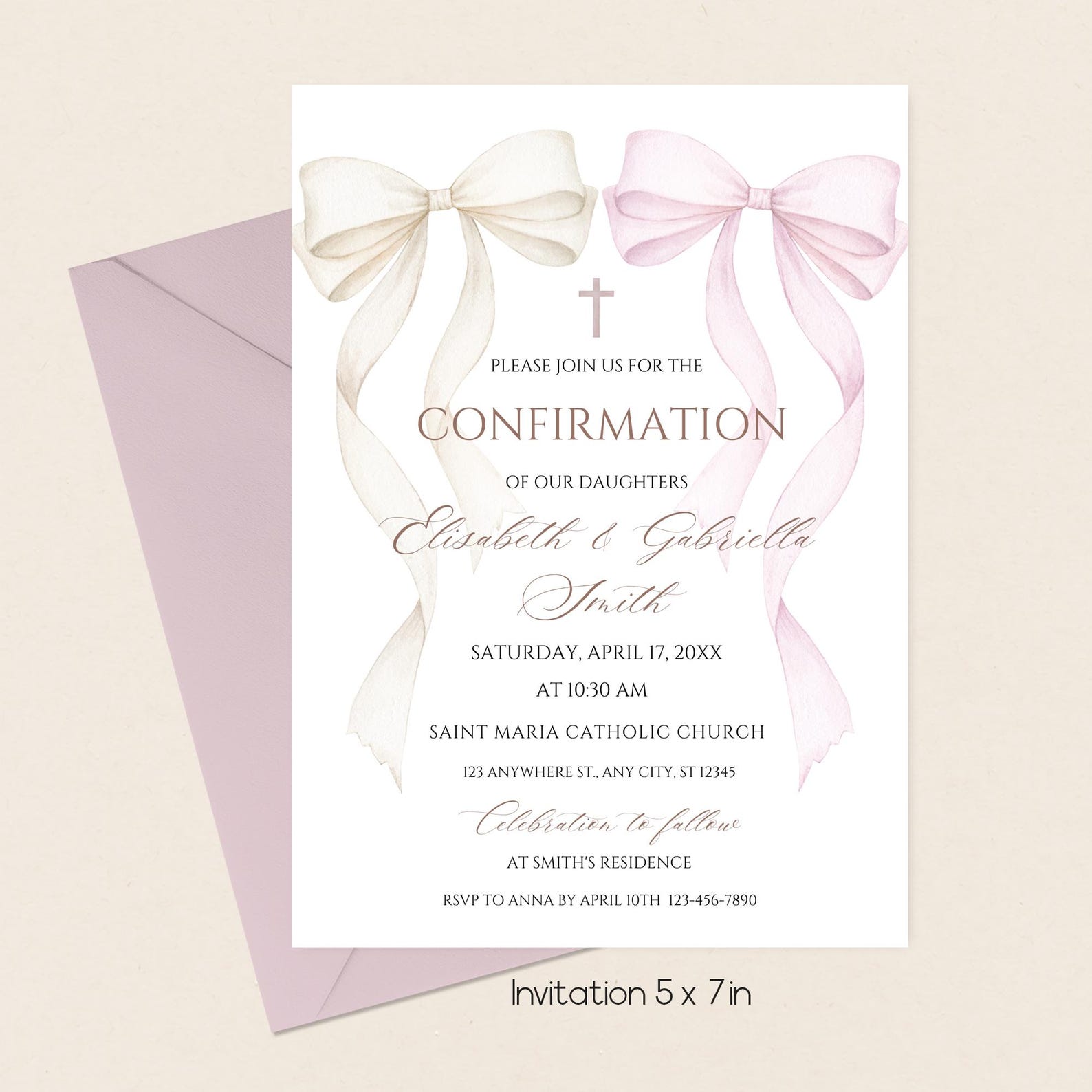 White & Pink Bows Confirmation Invitation for Two Girls Catholic ...