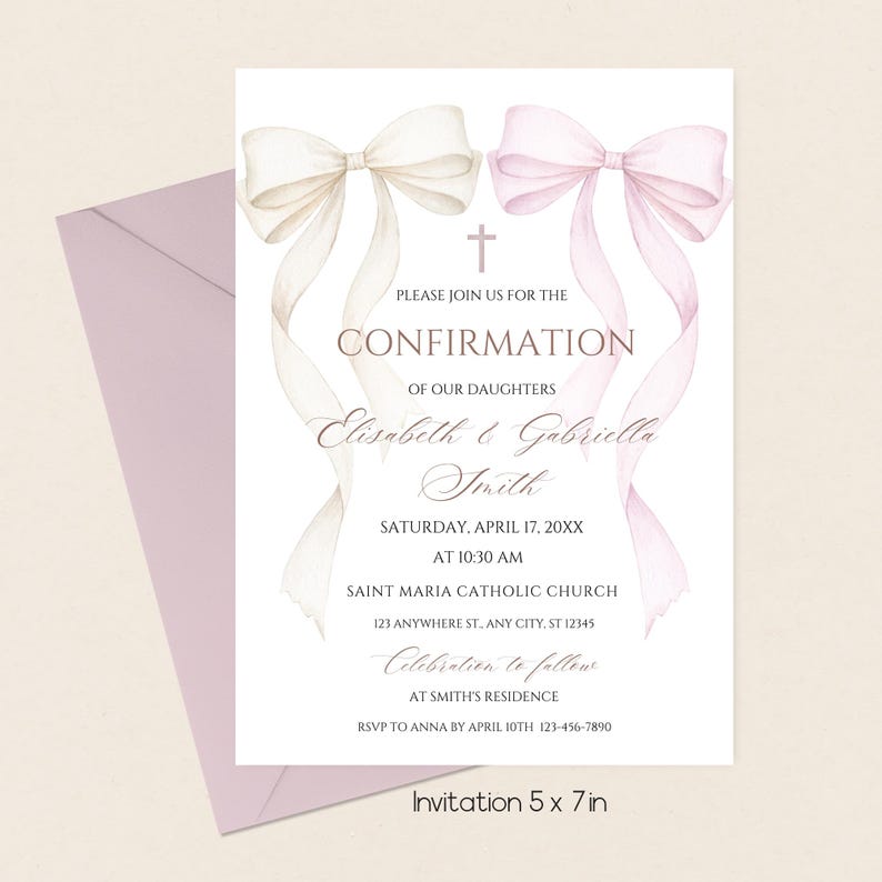 White & Pink Bows Confirmation Invitation for Two Girls Catholic ...