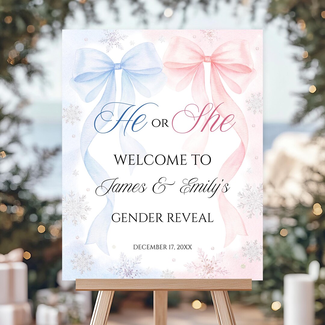 Winter Bows Gender Reveal Welcome Sign Editable Canva Template He or ...