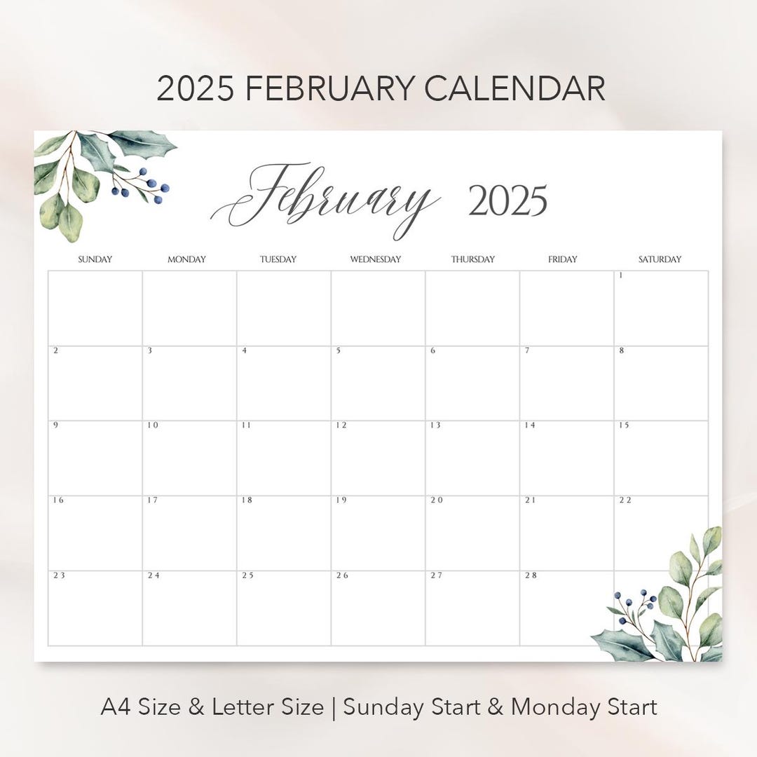 2025 February Printable Calendar A4 Letter Size Wall Calendar ...