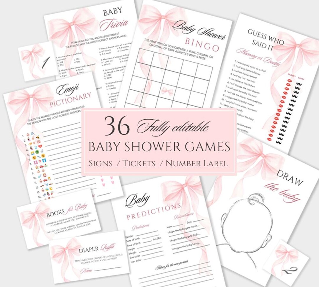 Pink Bow Baby Shower Games: Watercolor Bingo, Canva Template (digital ...