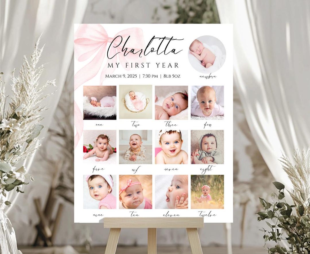 Pink Bow Birthday Photo Poster First Year Milestone Board Photo Collage ...