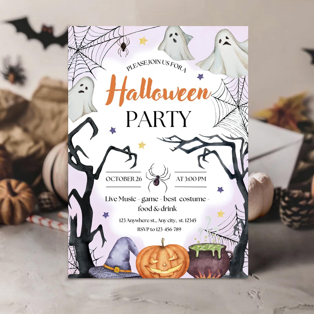 Editable Halloween Party Invitation: Watercolor Spooky Pumpkin (canva ...